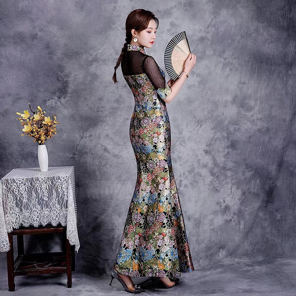 Premium Made Full Length Vintage China Cheongsam in Blue/ Black Stage ...