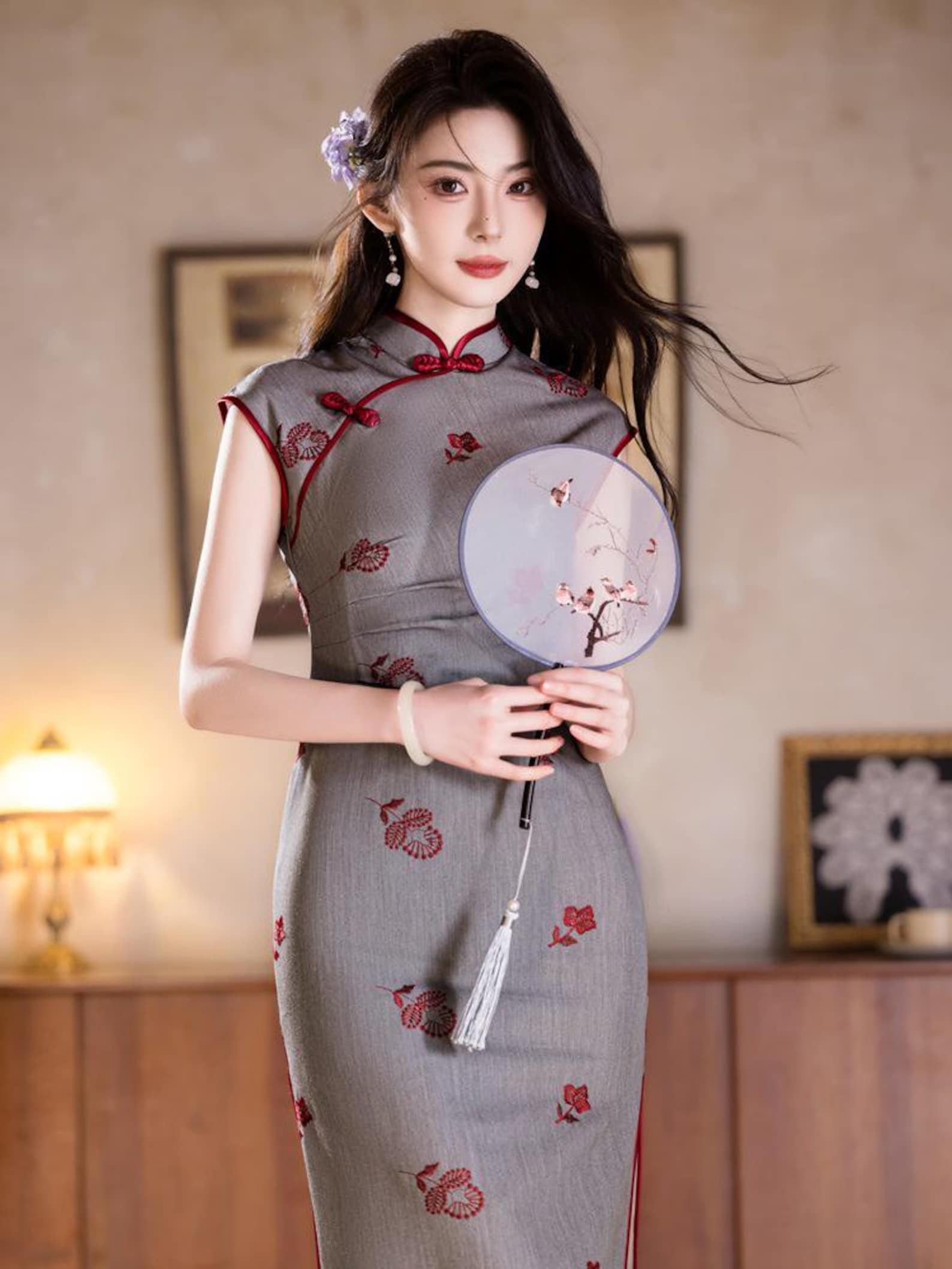 HK Culture Revivo Woman Blue Qipao, Stripe Pattern Old Shanghai Movie ...