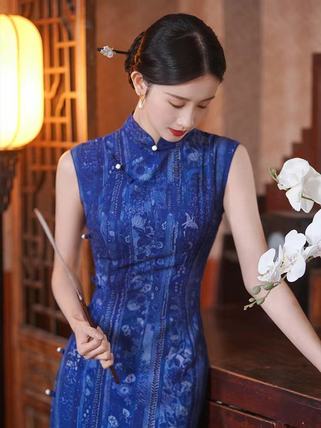 Doveyaf New Sleeveless Summer Qipao Blue Cheongsam Old Shanghai Lady ...