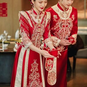 Traditional Chinese Bridegroom Brown Red Wedding Xiuhe Dress, Golden ...