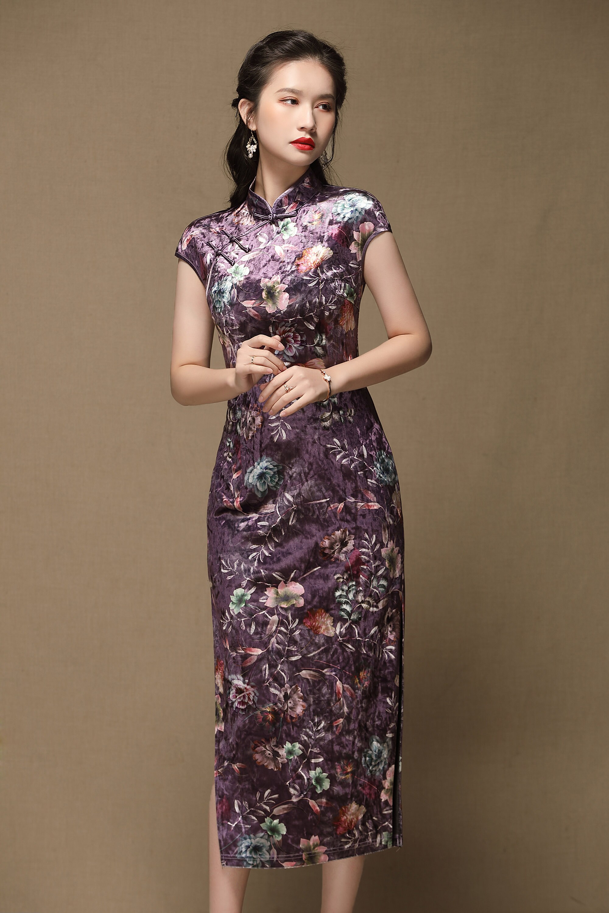 2021 China Cheongsam Classical Flower Pattern Velvet Stretchy - Etsy UK