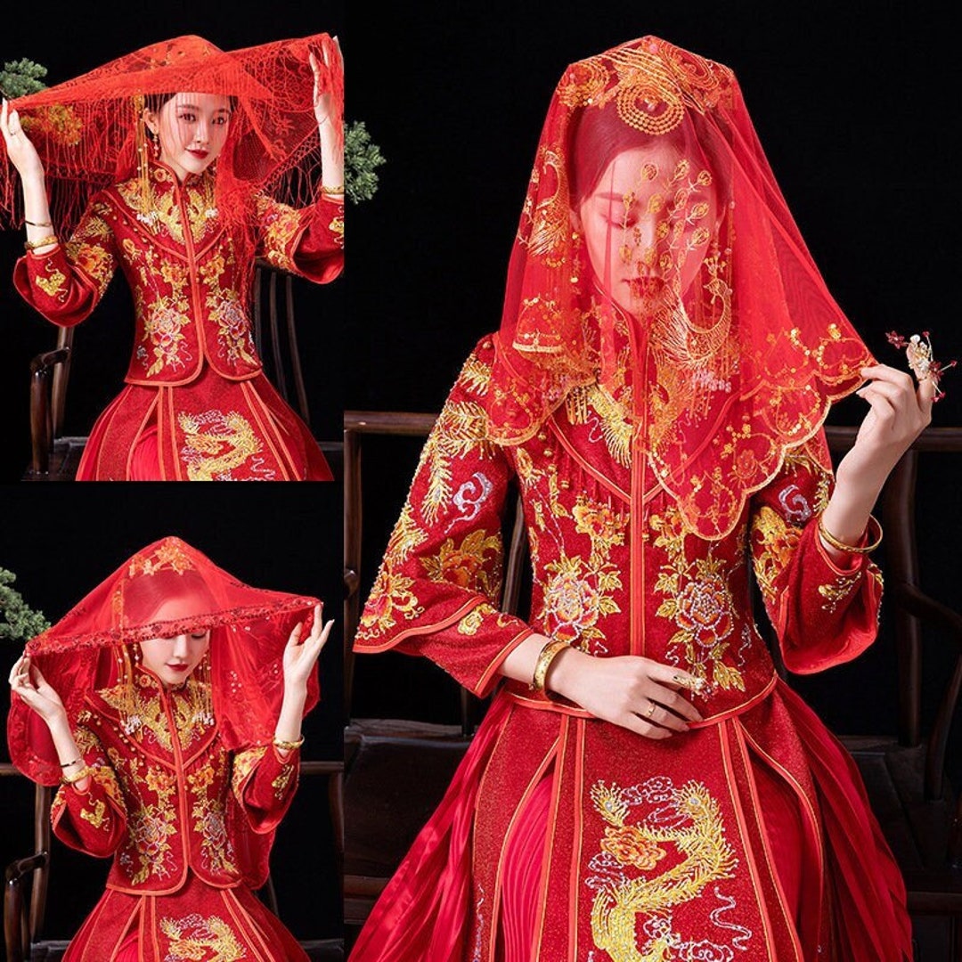 New Design Chinese Bridal Red Lace Cover-up, Bridal Veil With 囍xi ...