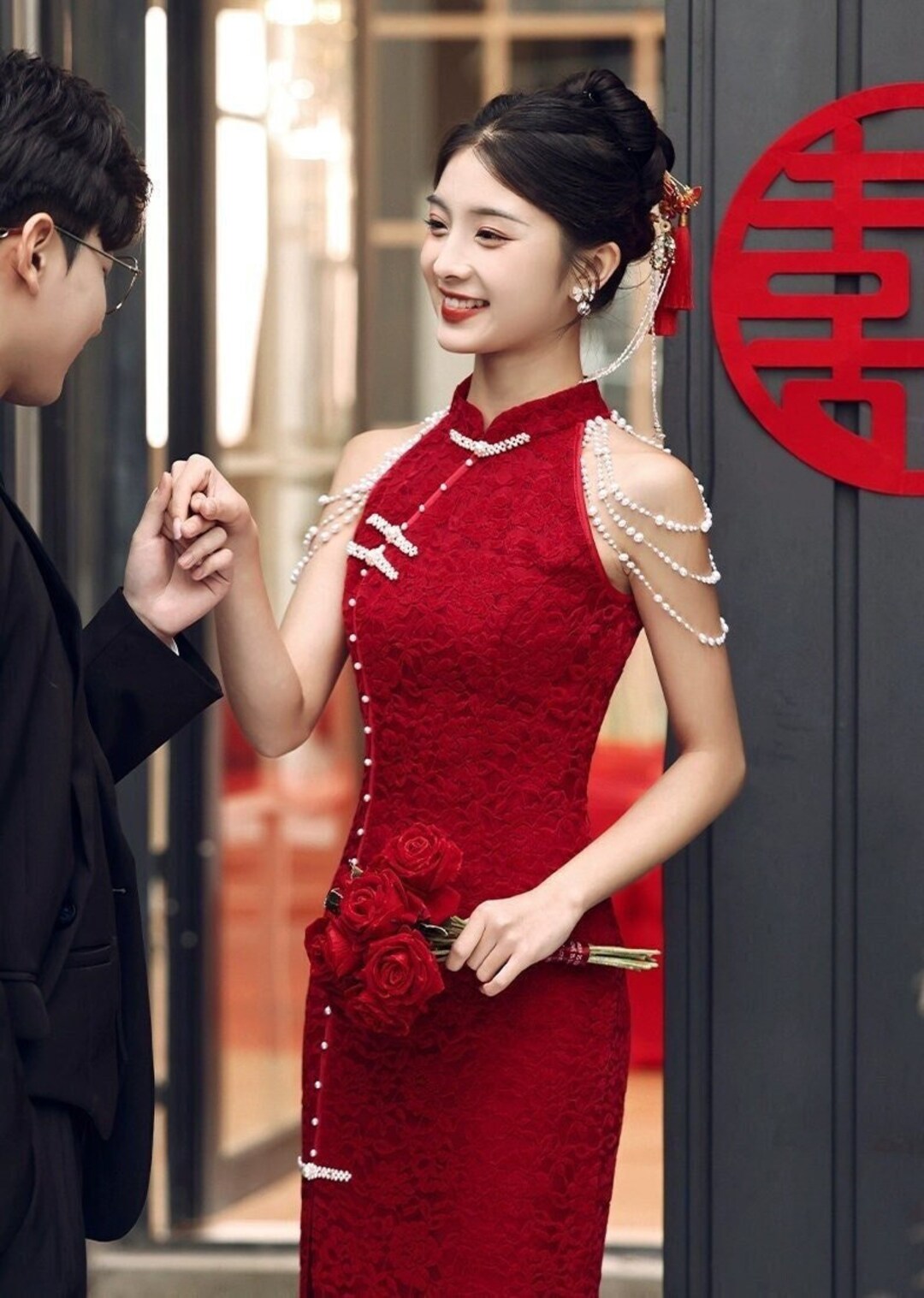Red Floral Lace Wedding Cheongsam, Pearl Sleeves Qipao Dress - Etsy