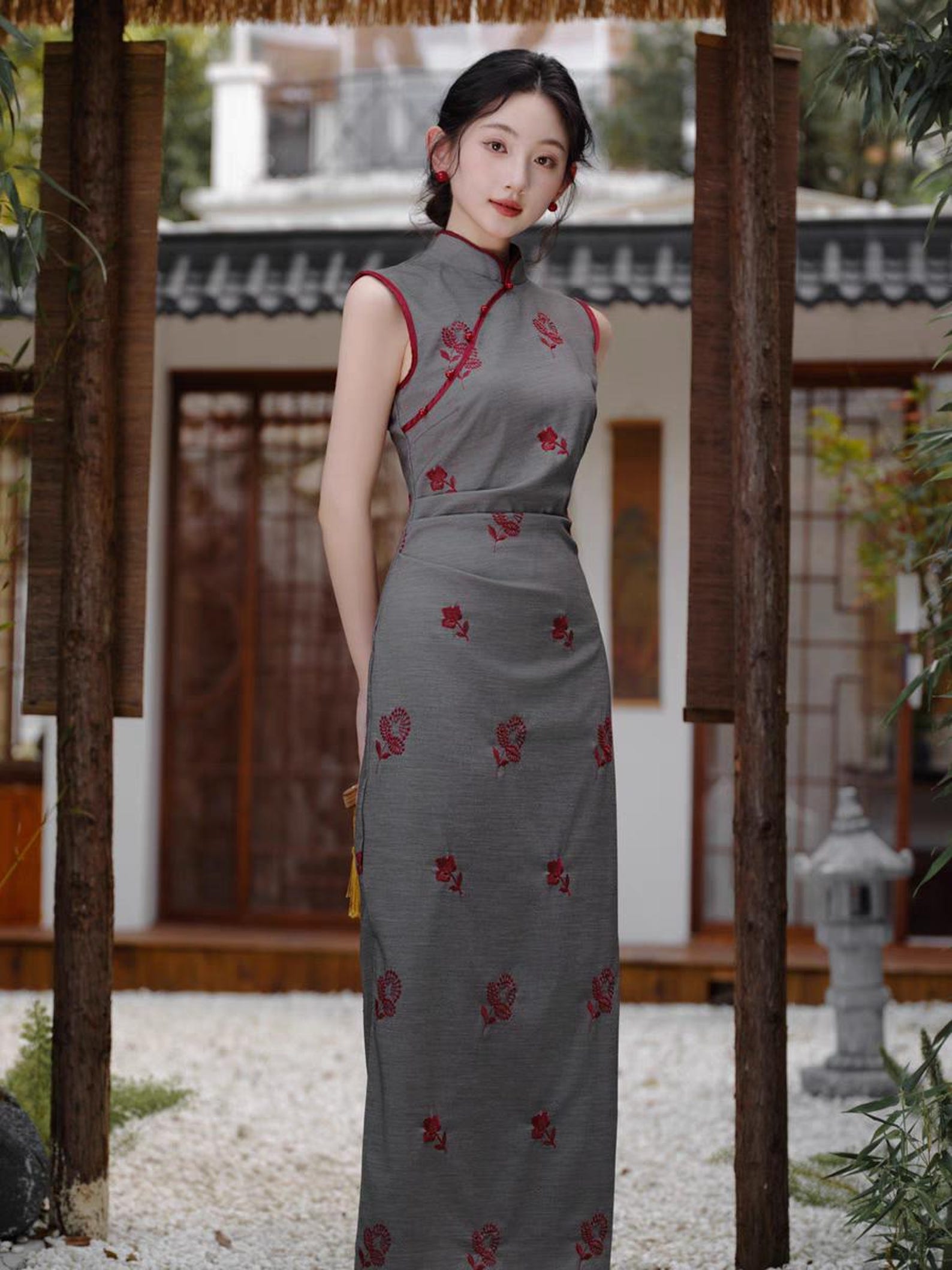 HK Culture Revivo Woman Blue Qipao, Stripe Pattern Old Shanghai Movie ...