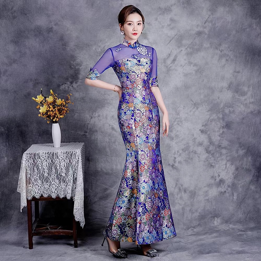 Premium Made Full Length Vintage China Cheongsam in Blue/ Black Stage ...