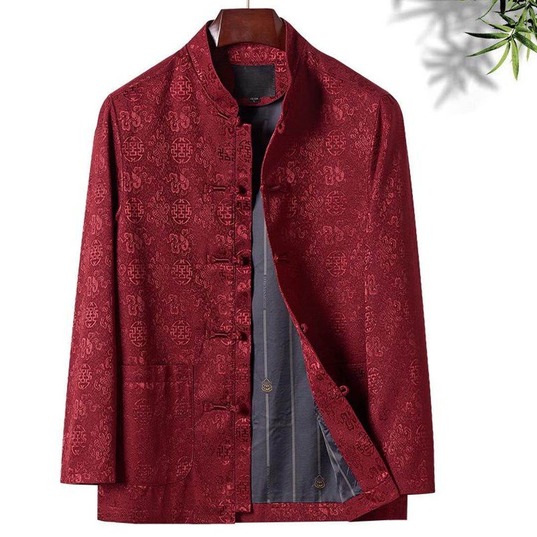 Men's Winter Tang Jacket Red Top, Brocade Jacquard Fabric, Father's ...