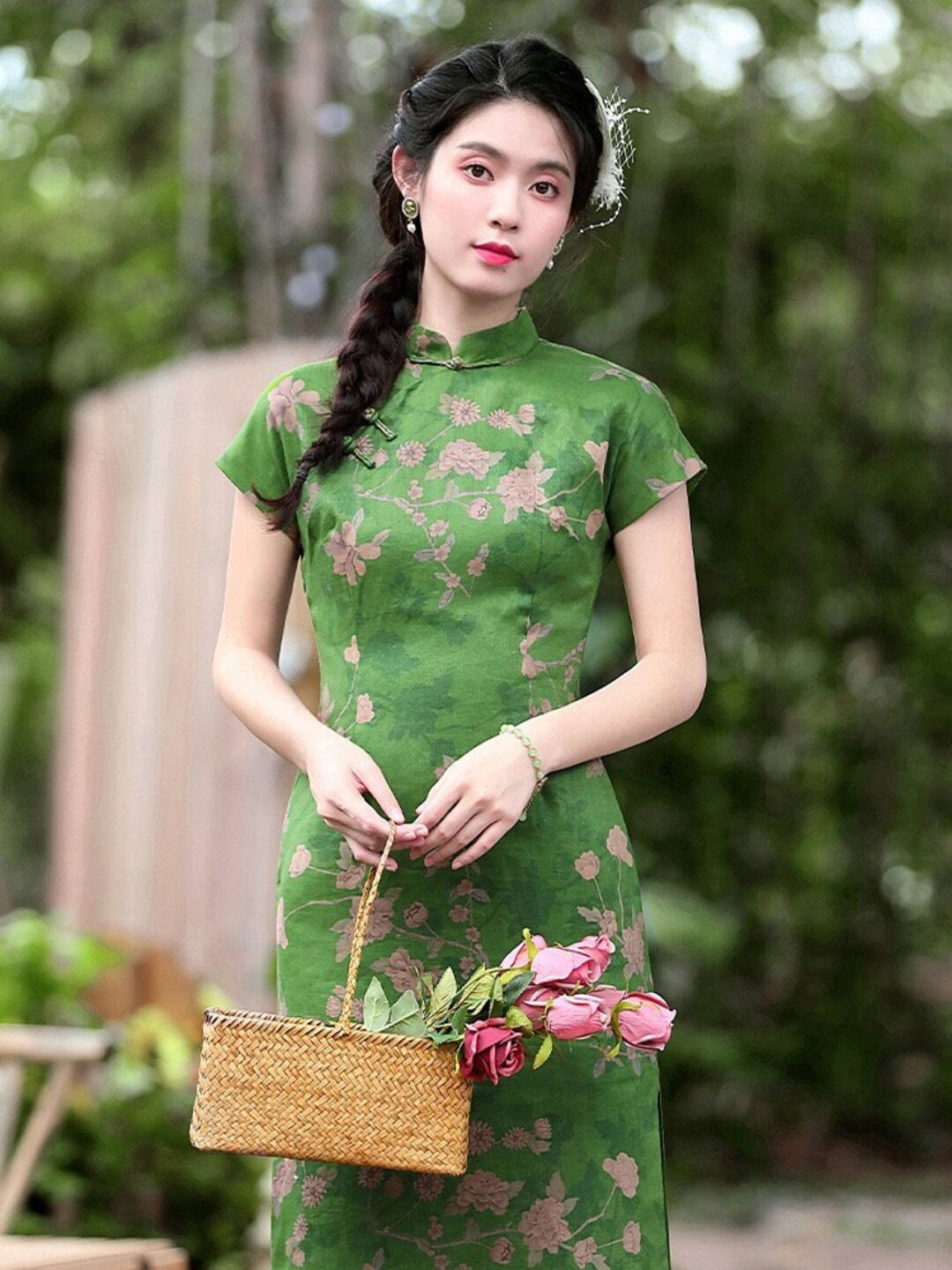 Vintage Long and Short Cheongsam, Ramie Qipao in Green Color, Stand-up ...