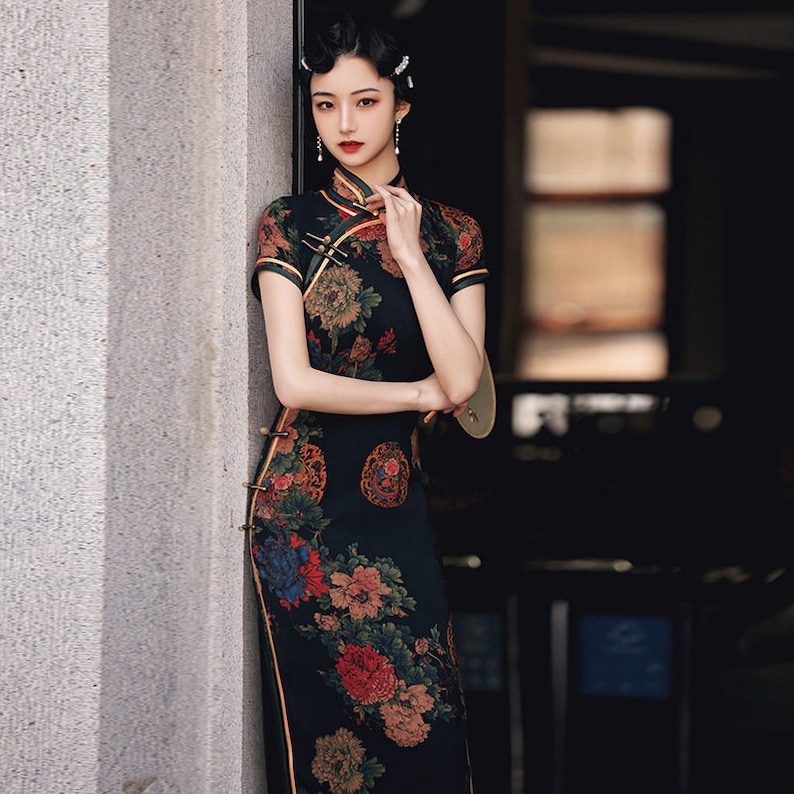 Vintage China Cheongsam in Black Classic Jacquard Flower Full - Etsy