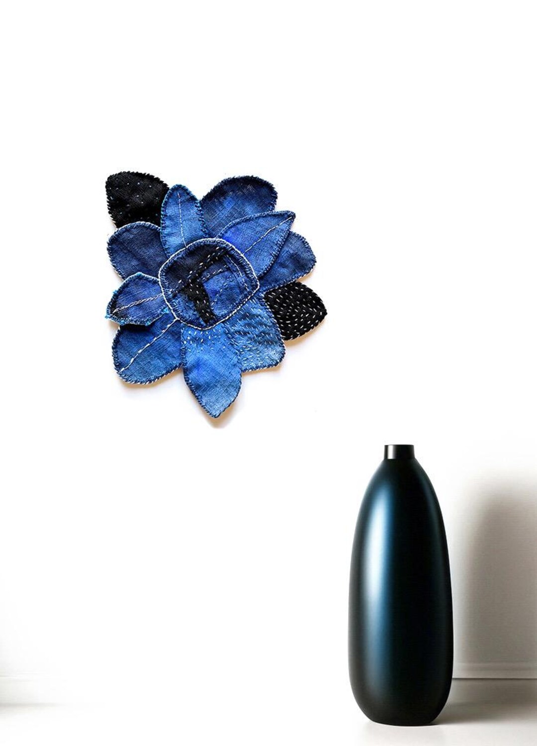 Flower Wall Decoration, Blue Textile Flower Embroidered With White ...