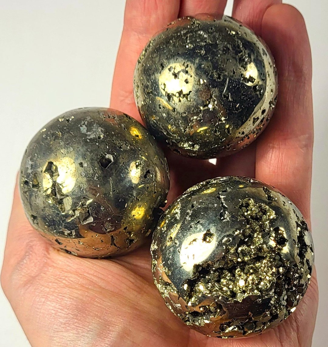 One Golden Iron Pyrite Geode Carved Sphere Polished 46mm Natural ...
