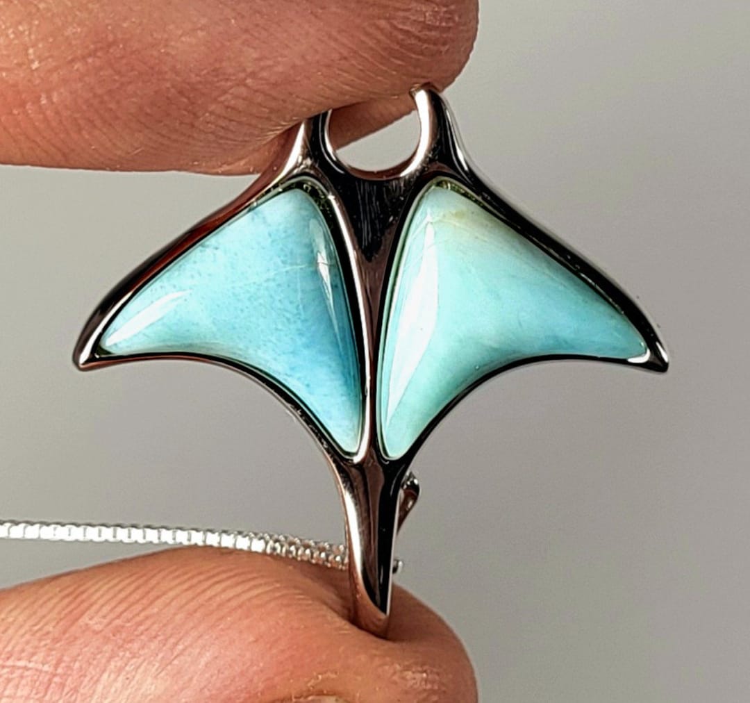 Blue Larimar Manta Ray Necklace Pendant in Rhodium Plated Sterling ...