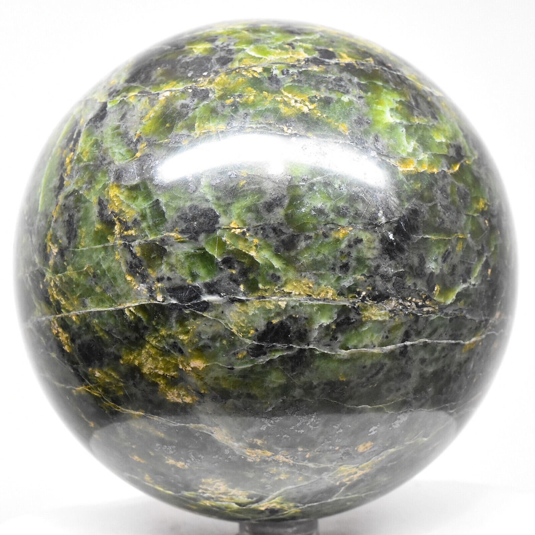 Rich Green Nephrite "inca Jade" W/ Inclusions Carved Sphere Polished ...
