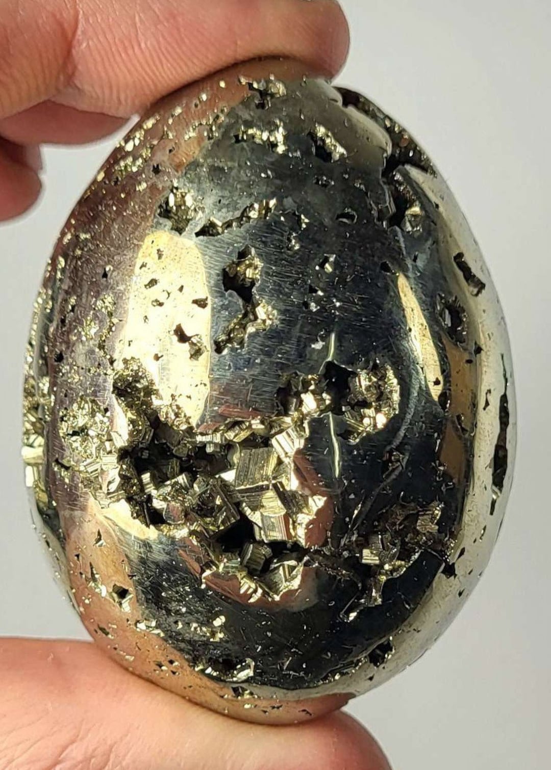 One Golden Iron Pyrite Geode Carved Egg Polished 56mm Natural Sparkling ...
