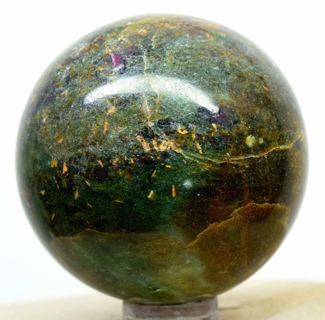Purple Red Ruby in Orange Green Fuchsite W/ Black Blue Kyanite Sphere ...