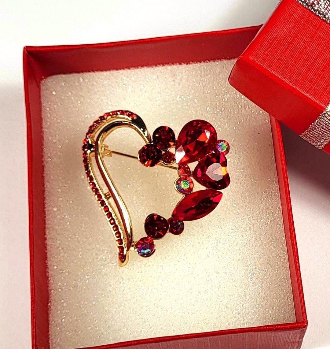 Red Rhinestones Heart Shaped 43mm Brooch Valentine's Day Gift Lapel Pin ...