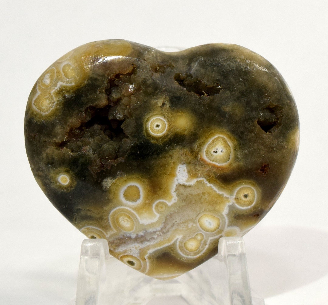 Yellow Orbicular Orbs Ocean Jasper W/ Open Quartz Druzy Heart Polished ...