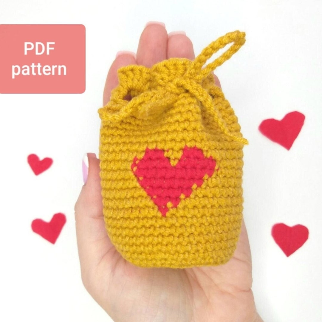 Crochet Drawstring Pouch Pattern, Heart Gift Bag, Small Jewelry Pouch ...