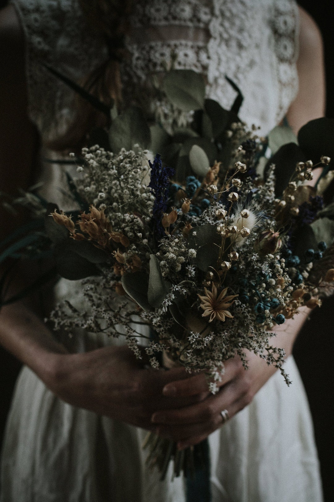 BOUQUET forest Mist. Bride Dried Flowers Bouquet, White Gold and Blue ...