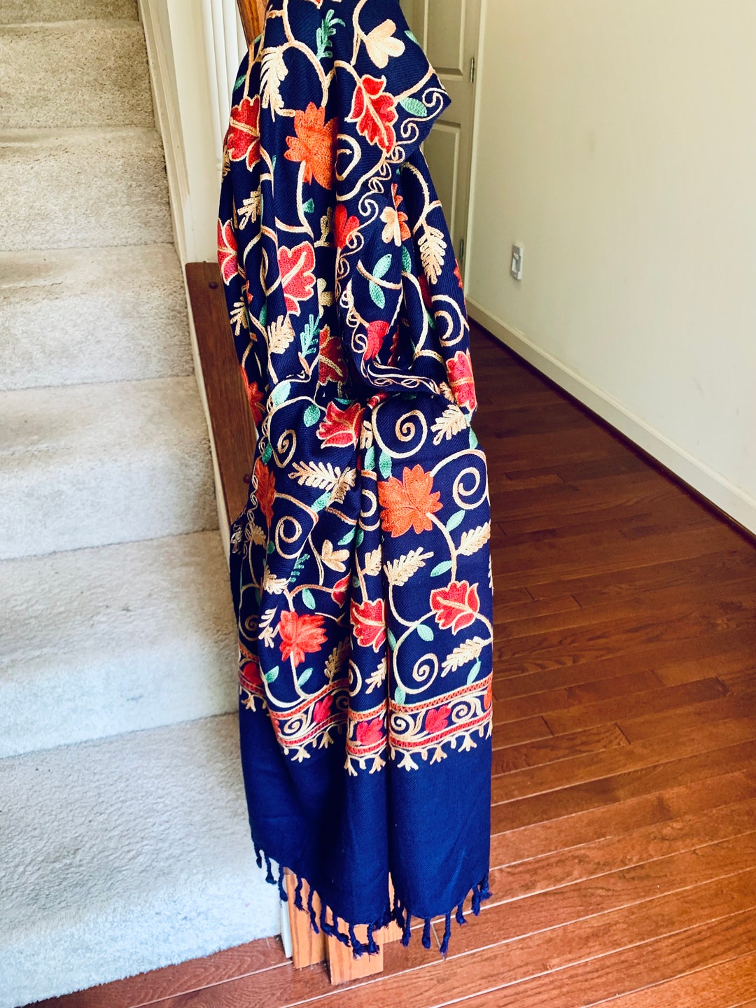 Navy Blue Hand Embroidery Shawl|red Embroidery Shawl|scarf Handmade ...