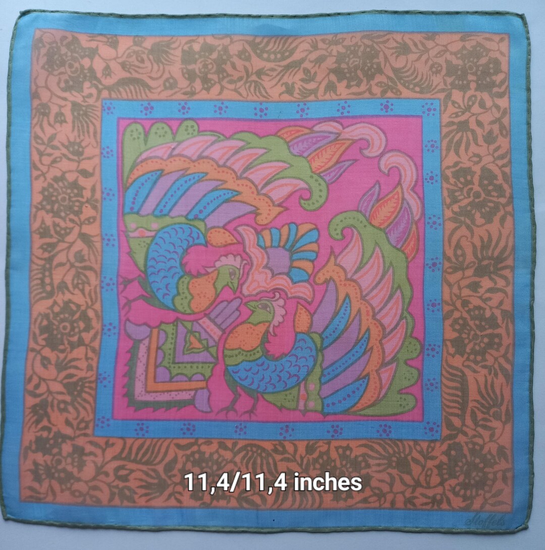 Vintage Handkerchief Stoffels Two Birds Turkeys Peacocks Blue Square ...
