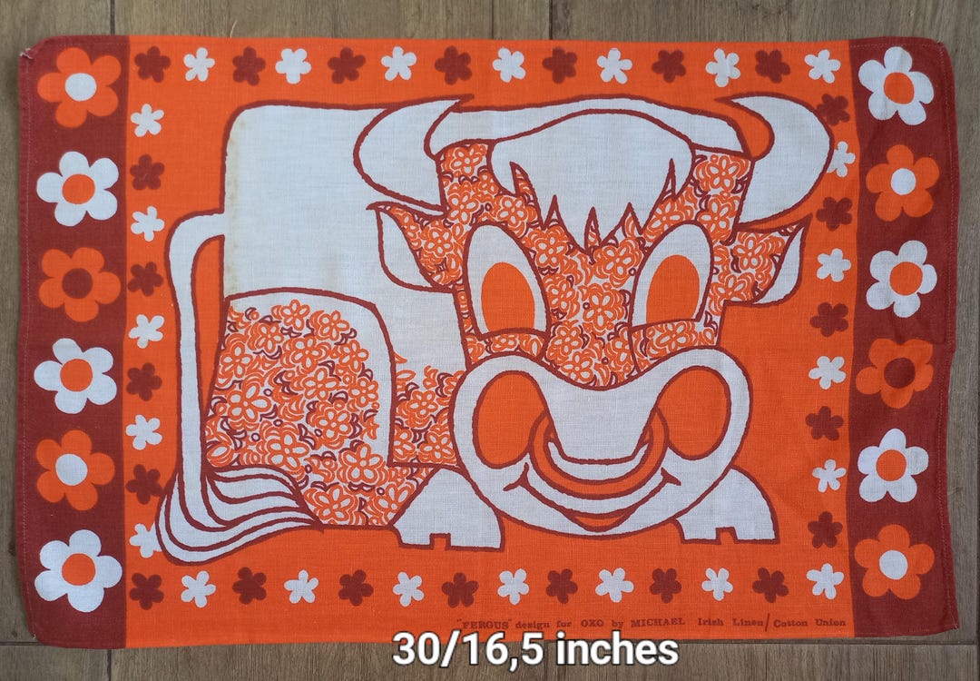 Vintage Tea Towel Fergus Bull Orange Bull Linen Soiled Used - Etsy
