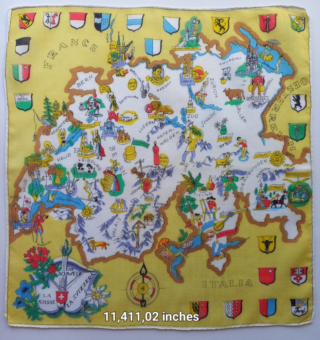 Vintage Handkerchief Swiss Textile Map France Italy Switzerland Coat of ...