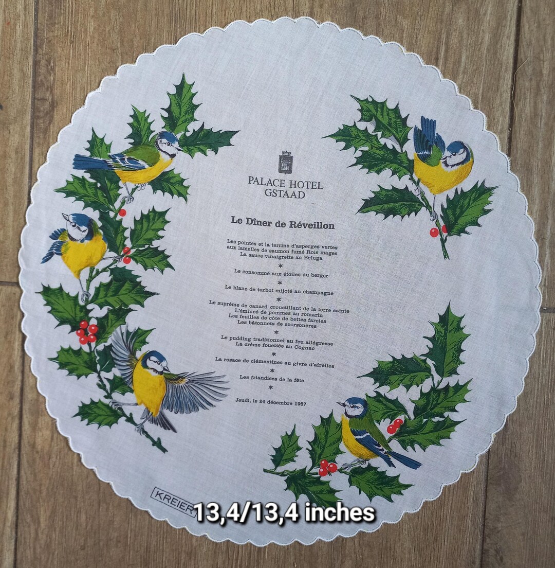 Vintage Christmas Dinner Handkerchief: Birds & Menu, Kreier Cotton - Etsy