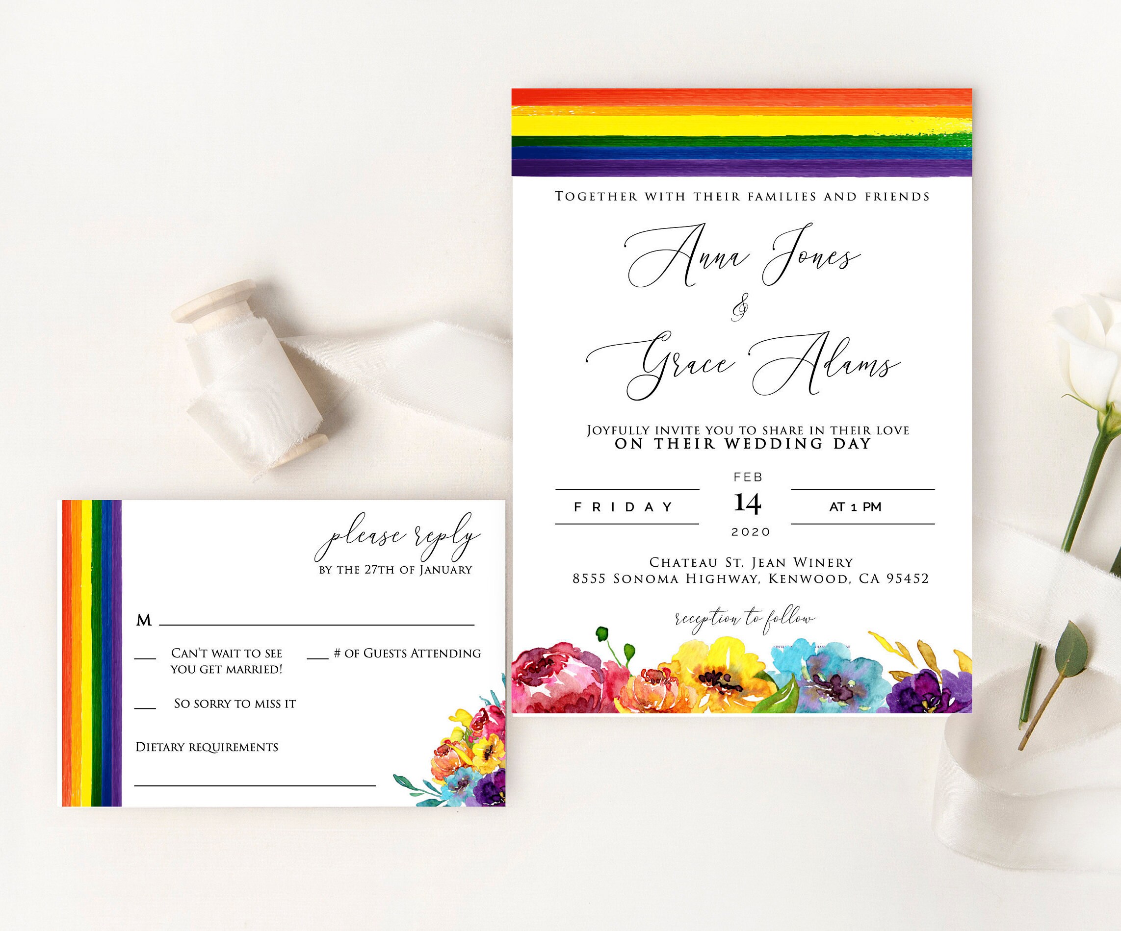 Lgbtq Wedding Invitation Set Pride Flag Rainbow Border Etsy