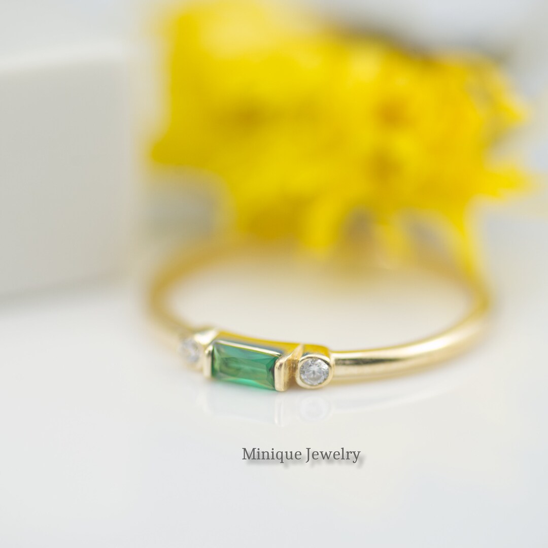 May Birthstone, Emerald Baguette Gem With Round CZ Ring, Birthstone ...