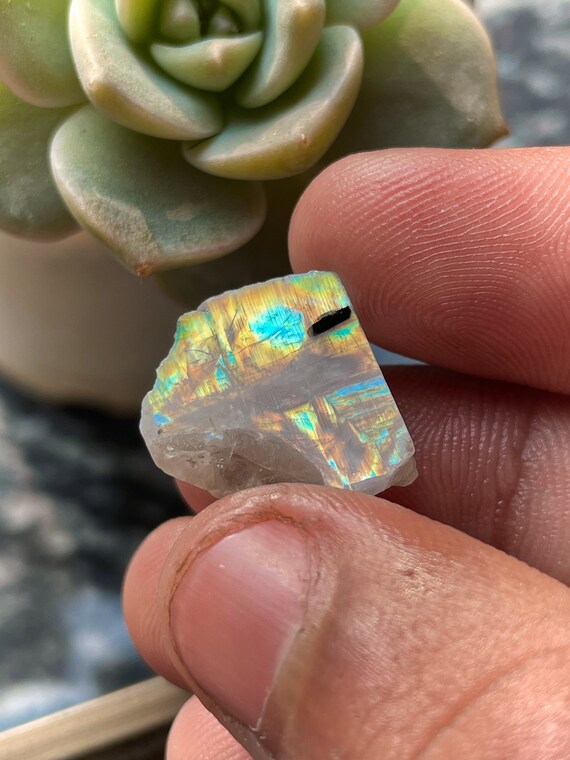 Genuine Raw Rainbow Moonstone front flat rough gemstone blue moonstone ...