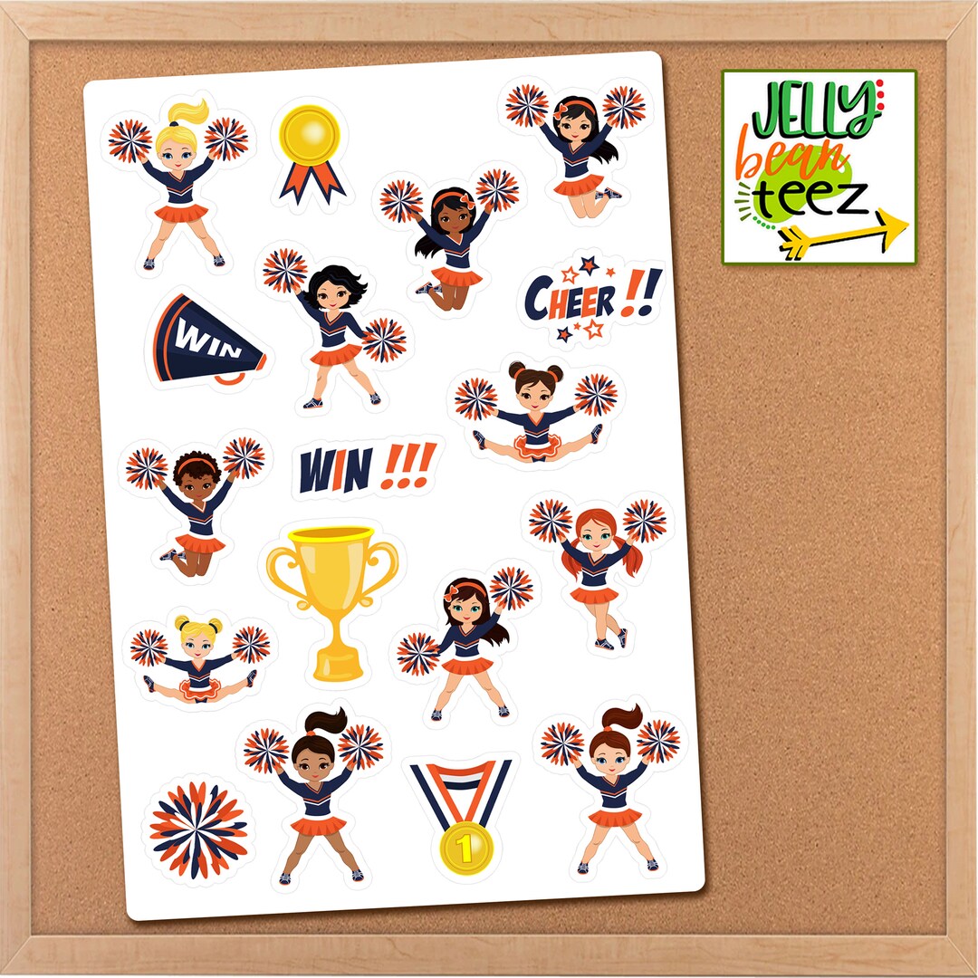 Orange & Navy Cheerleader Clipart Sticker Sheet, Multicultural Black ...