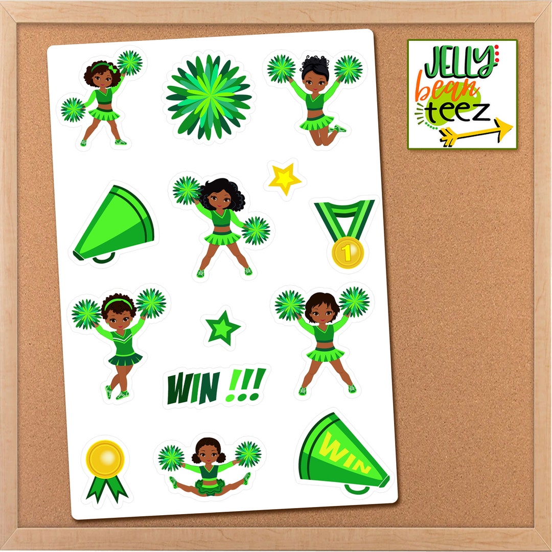Green Team Pride Black Girl Cheerleader Clipart Sticker Sheet, Afro ...