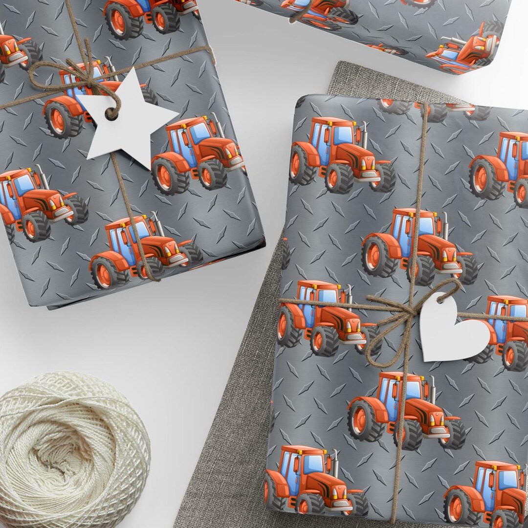 Tractor Birthday Gift Wrap for Boys, Orange Tractor Wrapping Paper With ...