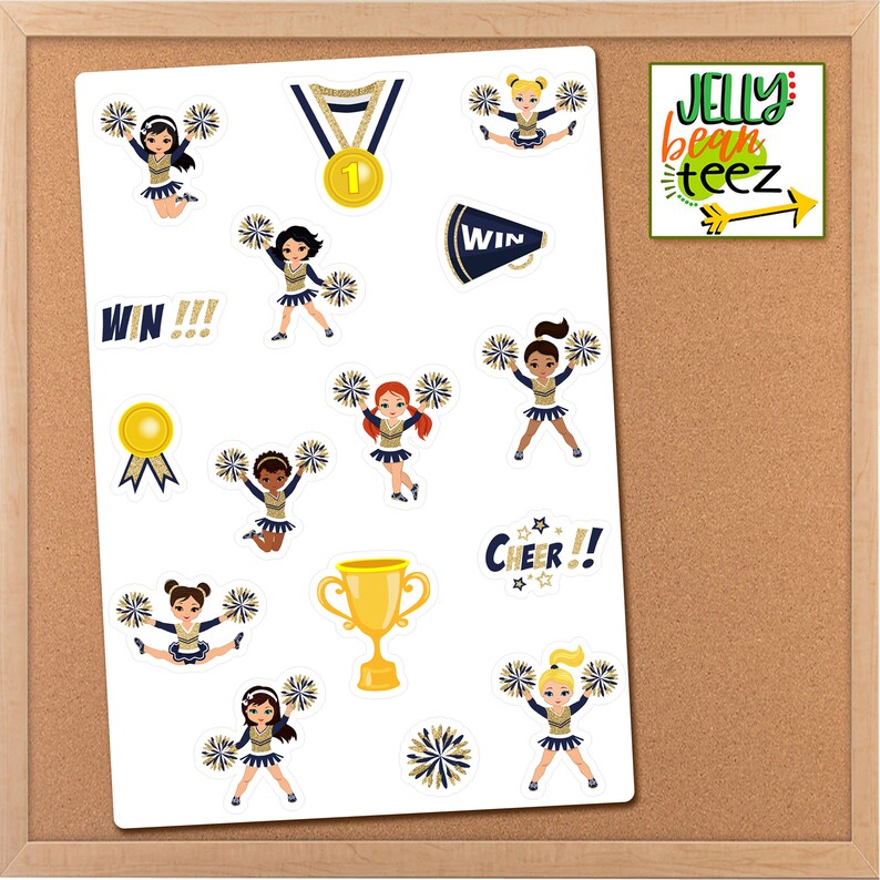 Gold & Navy Cheerleader Clipart Sticker Sheet, Multicultural Black Girl ...