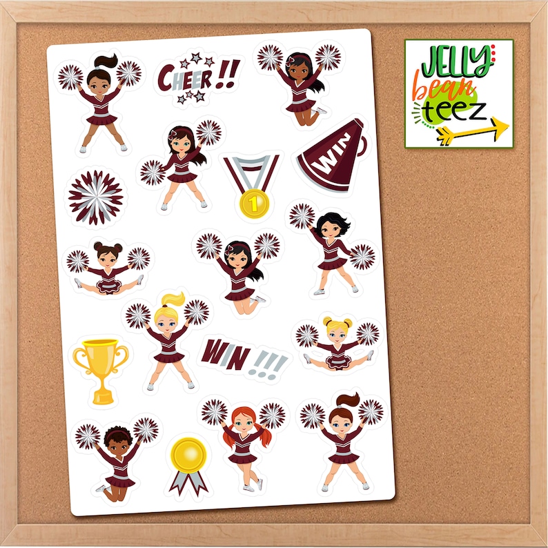 Maroon & Silver Cheerleader Clipart Sticker Sheet, Multicultural Latin ...
