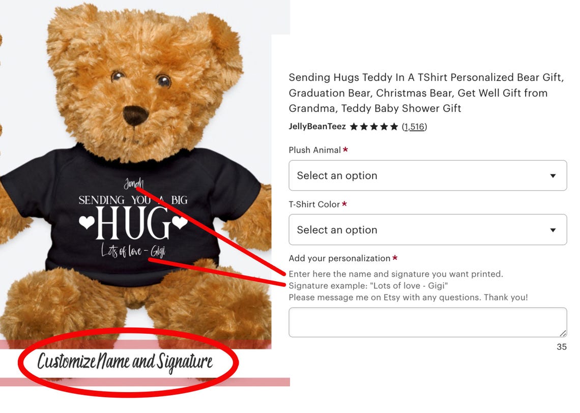 Sending Hugs Teddy in A Tshirt Personalized Bear Gift, Graduation Bear ...