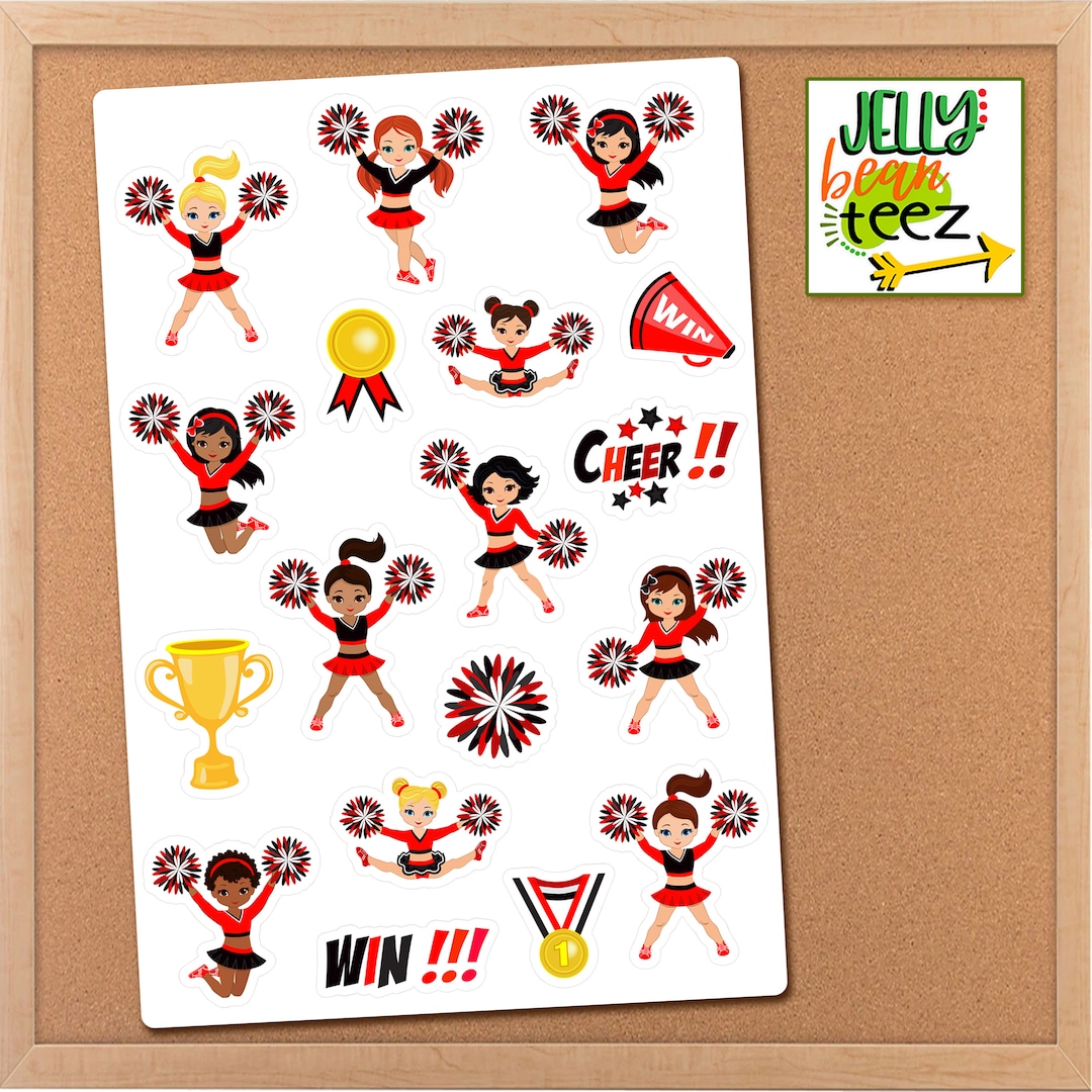 Red & Black Cheerleader Clipart Sticker Sheet, Multicultural Black Girl ...