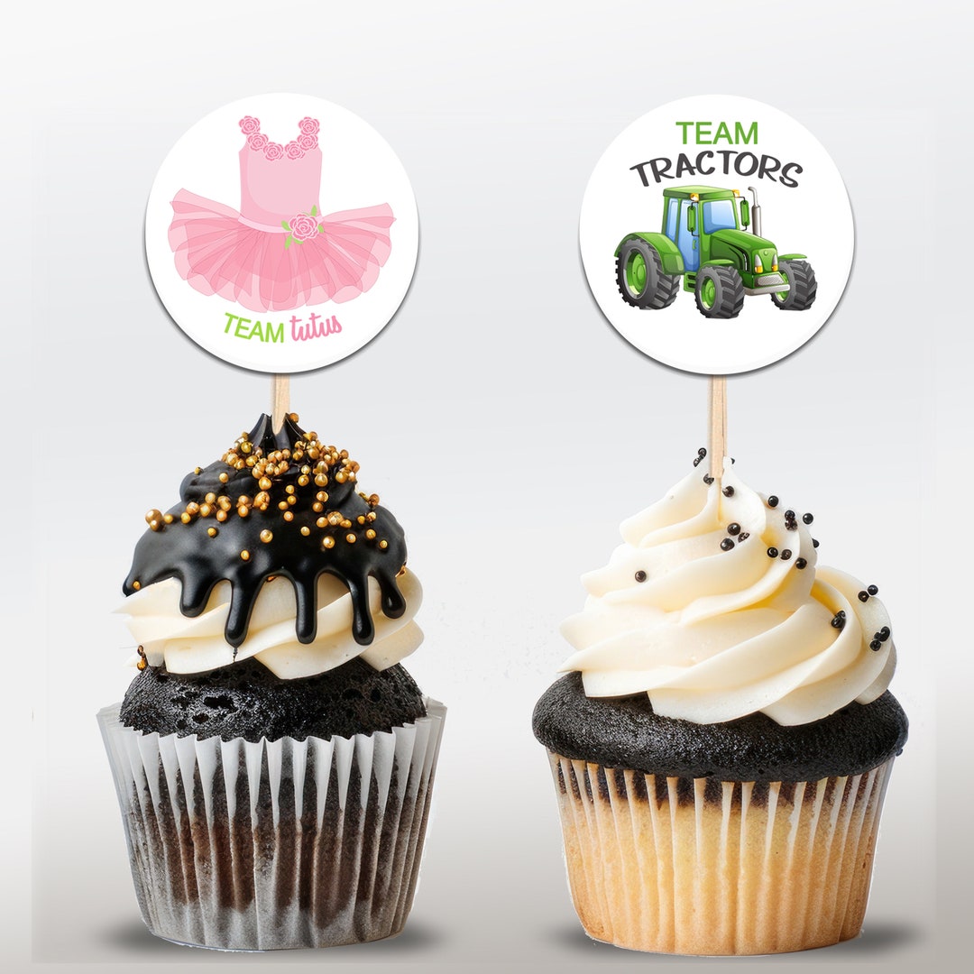 Team Tutus Team Tractors Cupcake Topper Gender Reveal Party Supplies ...