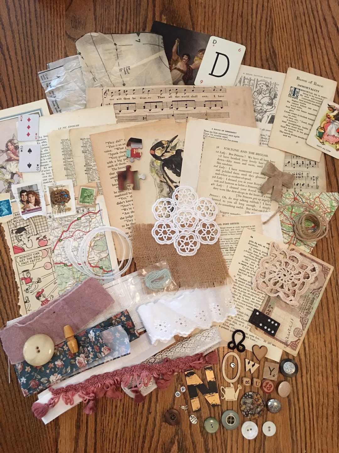 Huge 70 Piece Vintage Collage Pack. Ephemera, Fabric, Buttons, and Lots ...