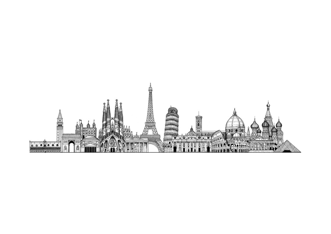 Europe Skyline Drawing A2 Europe Landmarks Drawing Europe Cityscape ...