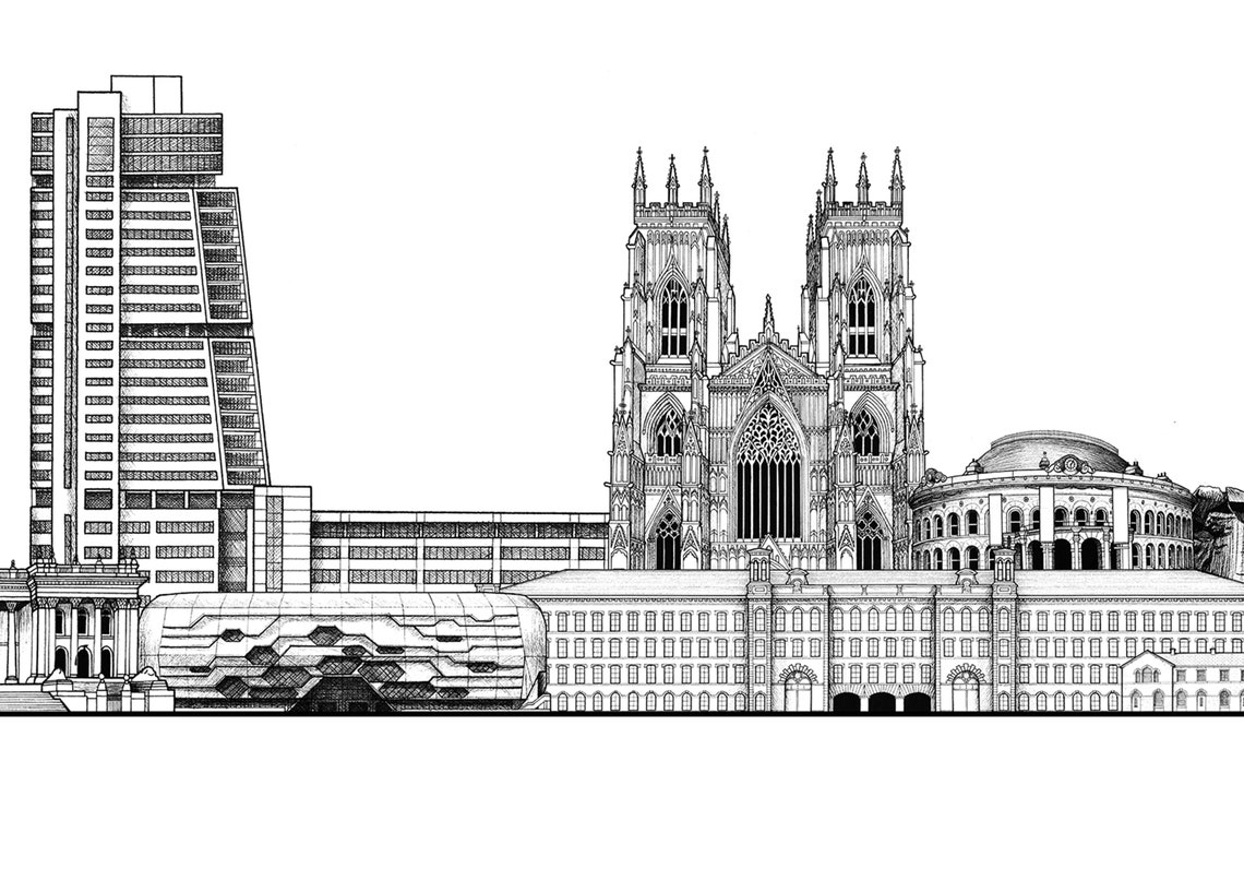 Yorkshire Skyline Drawing A2 Yorkshire Landmarks Drawing Detailed Hand ...