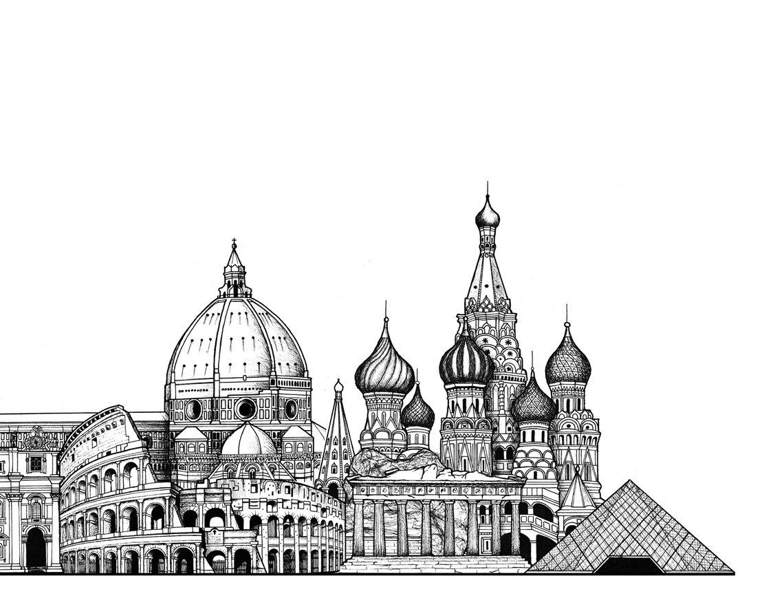 Europe Skyline Drawing A2 Europe Landmarks Drawing Europe Cityscape ...