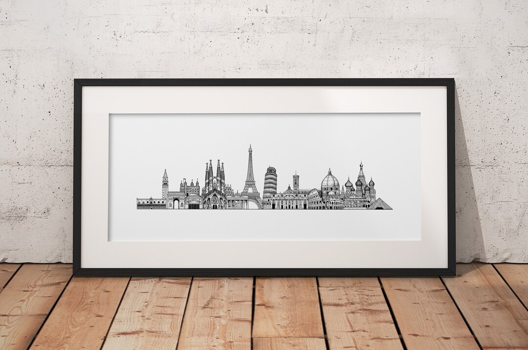 Europe Skyline Drawing A2 - Europe Landmarks Drawing - Europe Cityscape ...