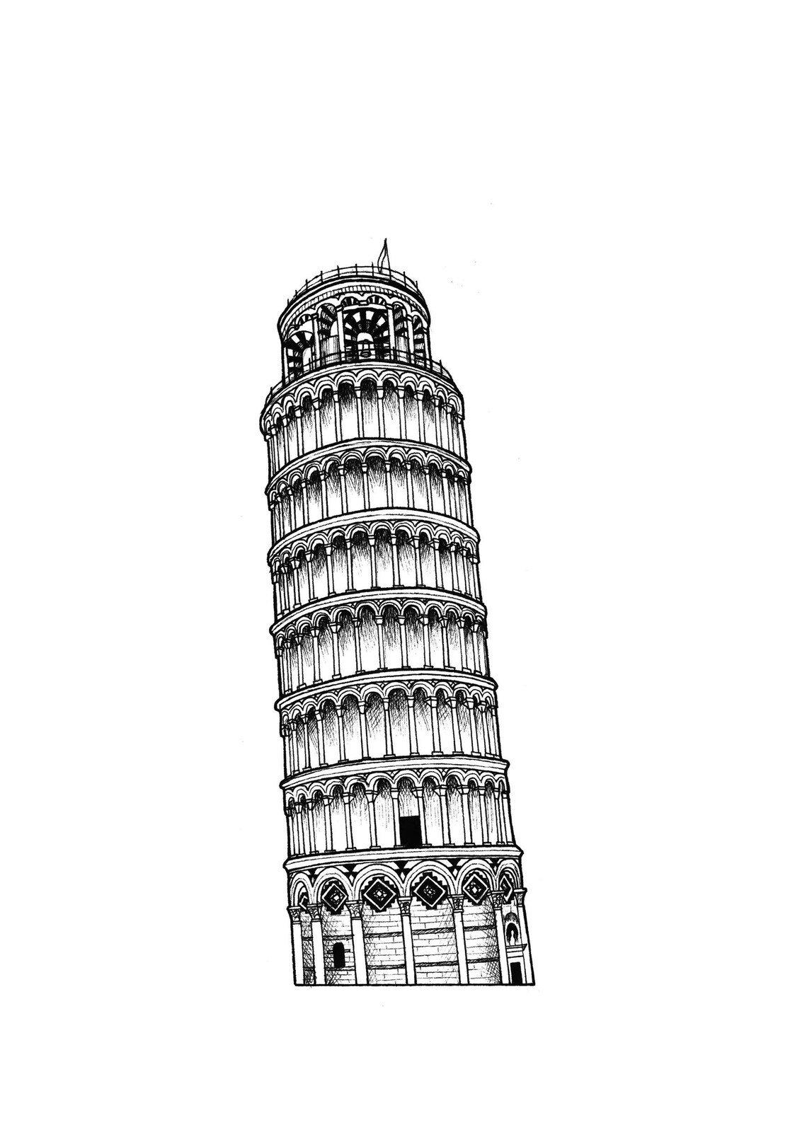 Leaning Tower of Pisa A5/A4 Detailed Hand-drawn Architectural Drawing ...