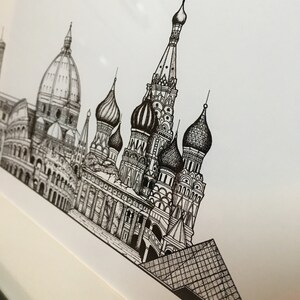 Europe Skyline Drawing A2 - Europe Landmarks Drawing - Europe Cityscape ...