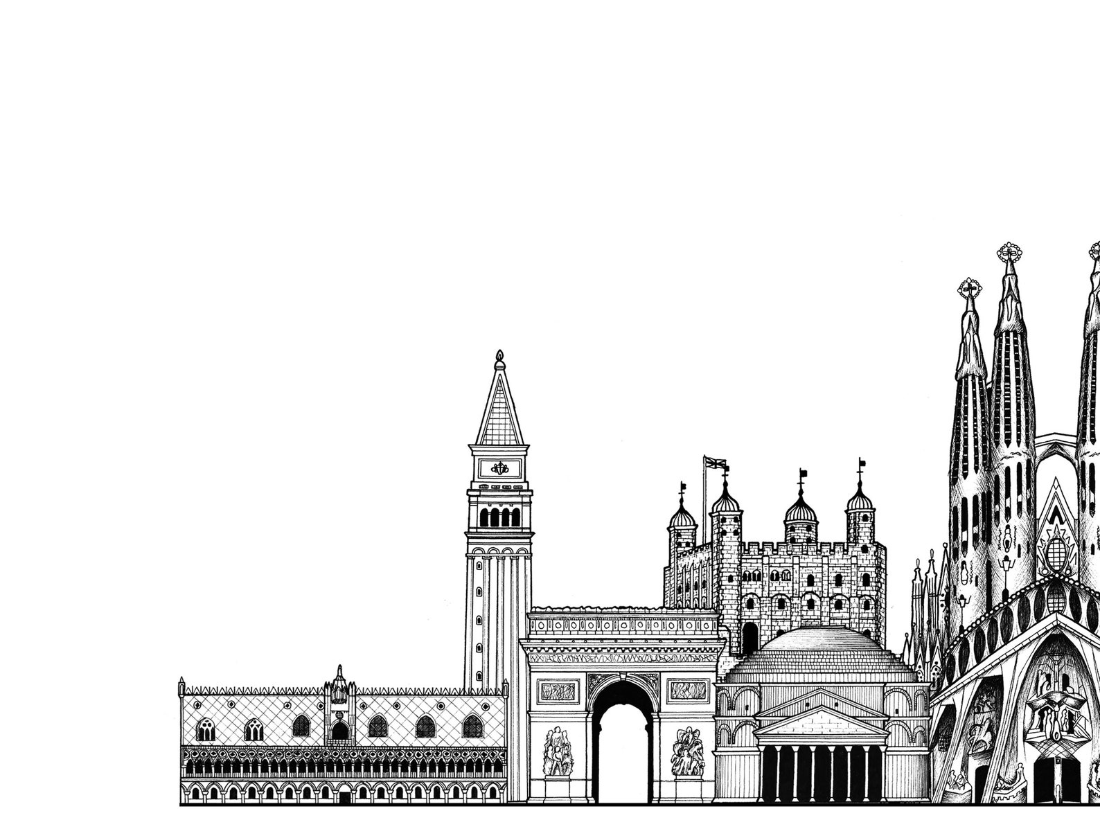 Europe Skyline Drawing A2 Europe Landmarks Drawing Europe Cityscape ...