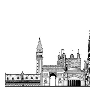 Europe Skyline Drawing A2 - Europe Landmarks Drawing - Europe Cityscape ...
