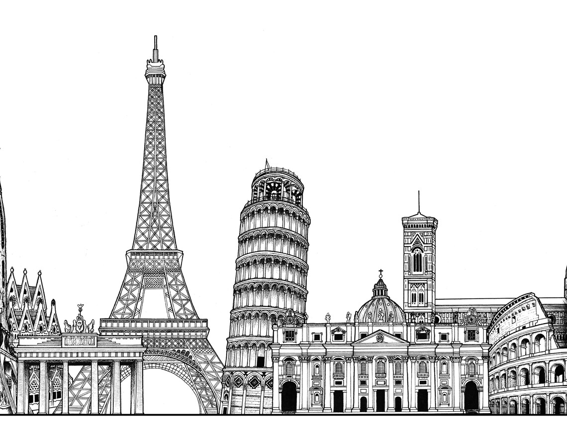 Europe Skyline Drawing A2 Europe Landmarks Drawing Europe Cityscape ...
