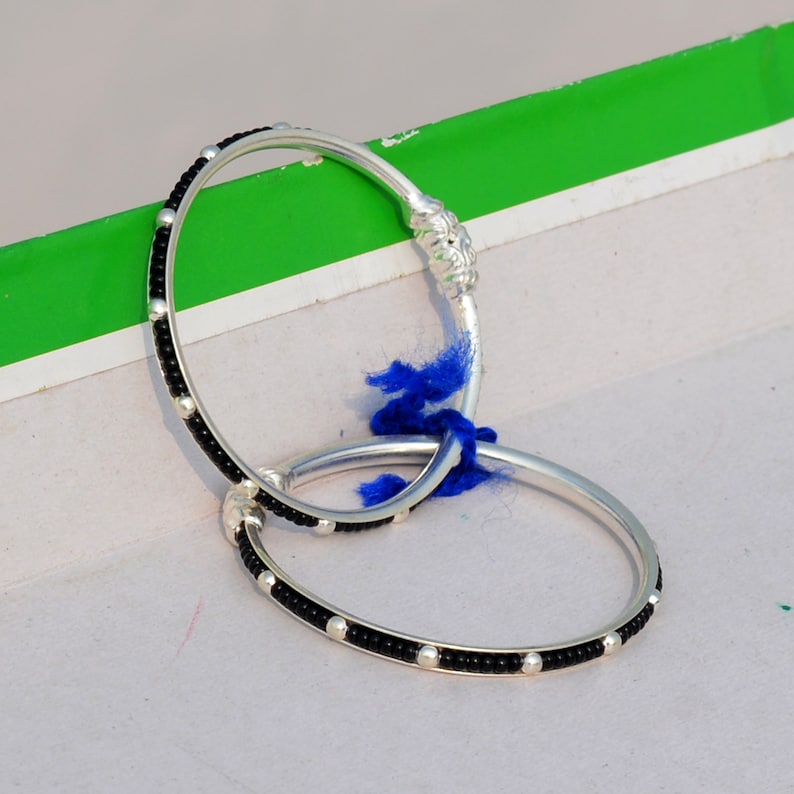 925 Silver Nazariya Baby Bangles | Black Beads Baby Kada Bracelet ...