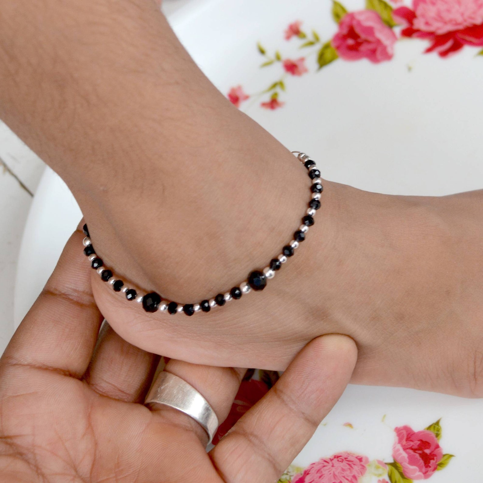 Black Beads 925 Sterling Silver Anklets For Women And Girls Etsy